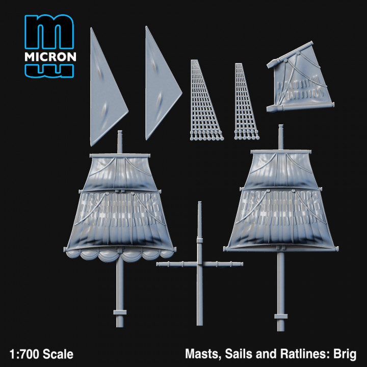 3D Printable Masts, Sails and Ratlines: Brig by Micron Miniatures