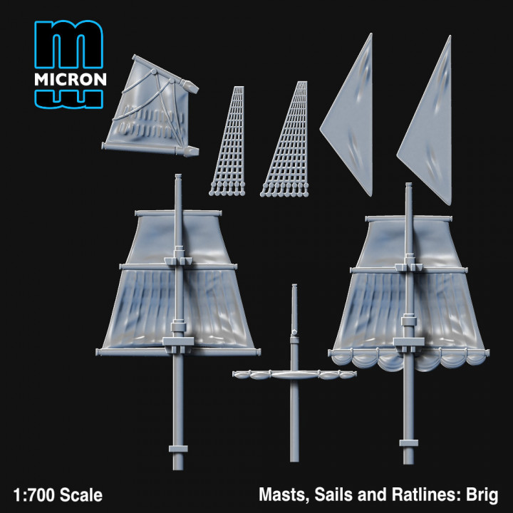 3D Printable Masts, Sails and Ratlines: Brig by Micron Miniatures