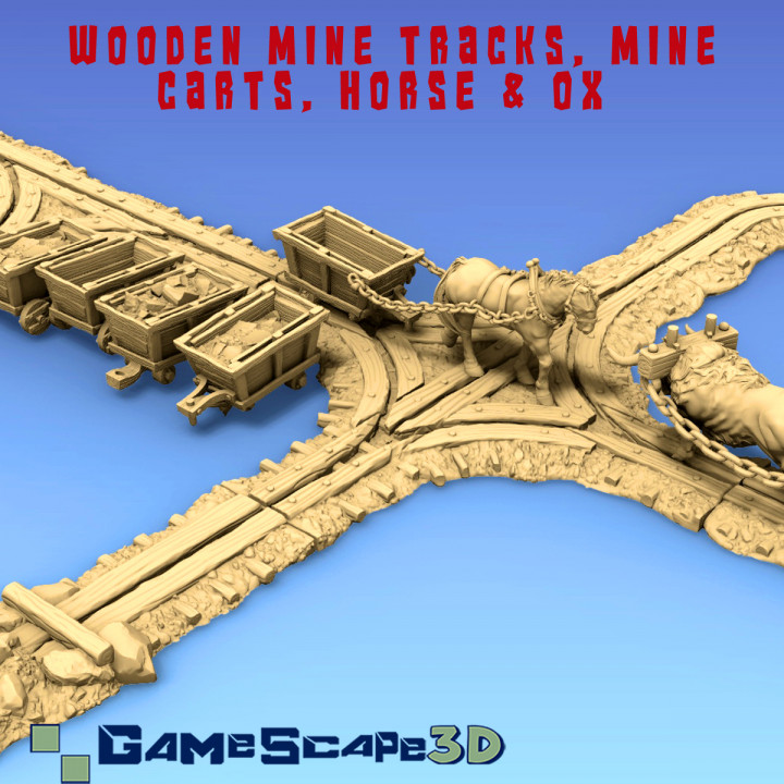 3D Printable Wooden Mining Tracks & Mining Cart by GameScape3D