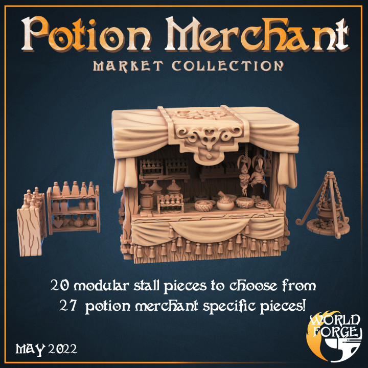 3D Printable Potions Merchant Market Stall by World Forge Miniatures