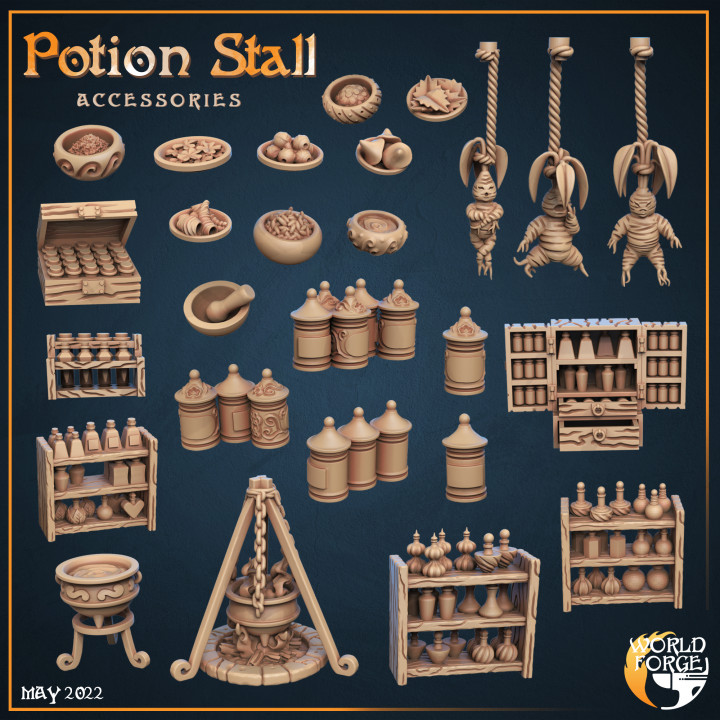 3D Printable Potions Merchant Market Stall by World Forge Miniatures