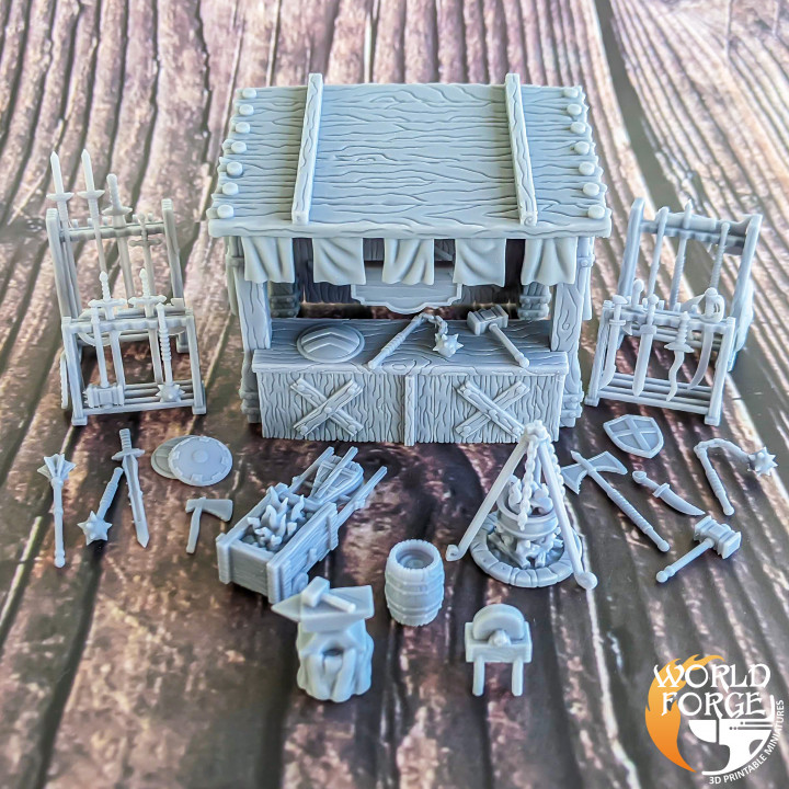 3D Printable Weapons Dealer Market Stall by World Forge Miniatures