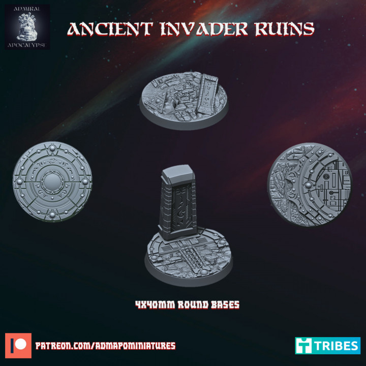 3D Printable Ancient Invader Ruins 4*40mm Base Set (Pre-supported) by ...