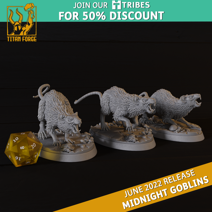 3D Printable Midnight Goblins Giant Rats by Titan Forge Miniatures