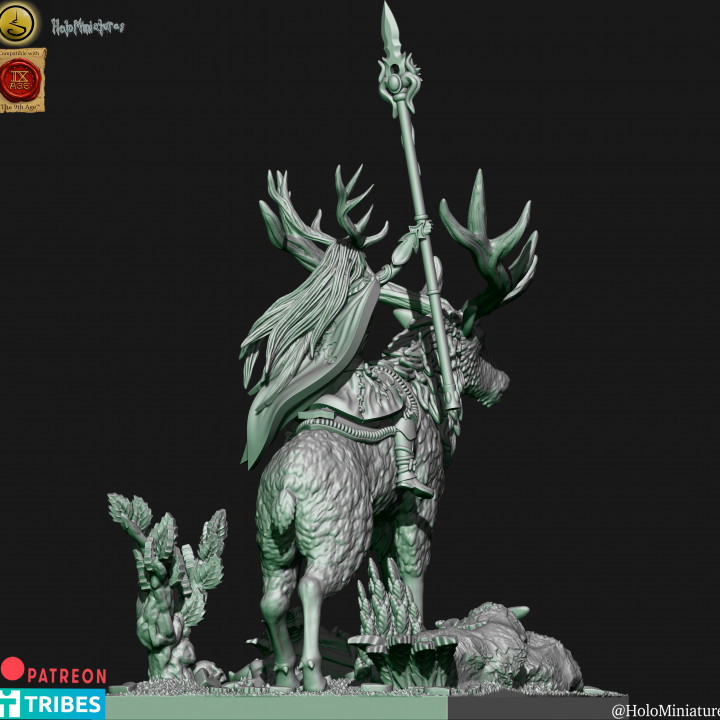 3D Printable wood elves lord on stag (elf) by HoloMiniatures