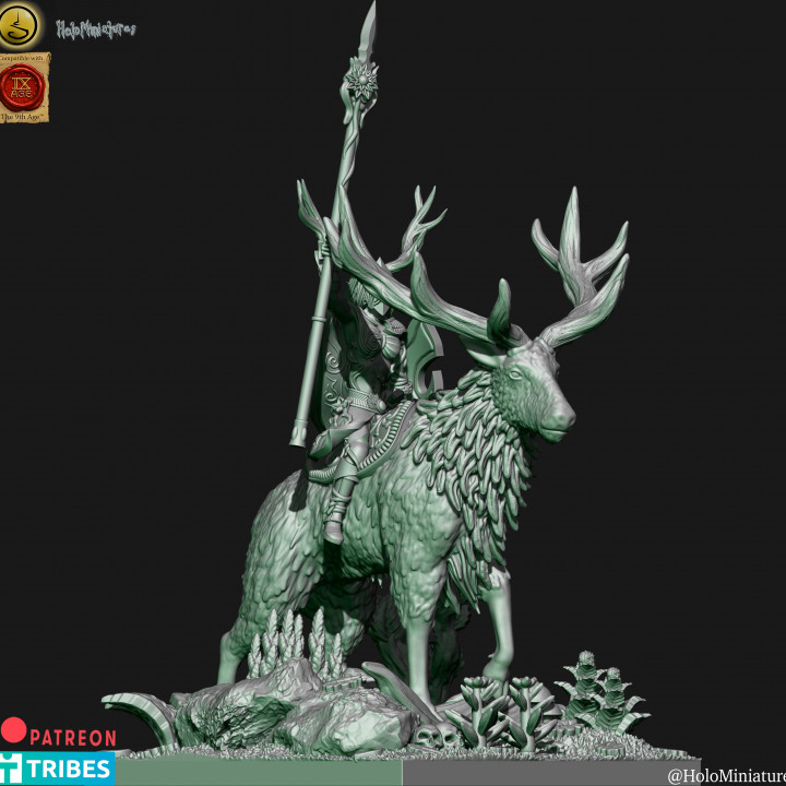 3D Printable wood elves lord on stag (elf) by HoloMiniatures