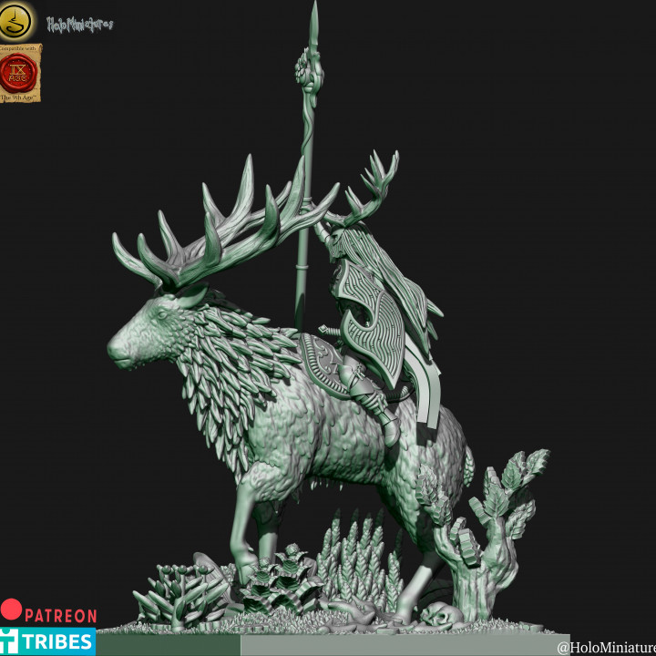 3D Printable wood elves lord on stag (elf) by HoloMiniatures