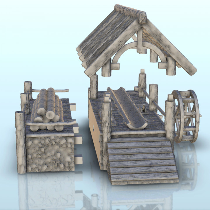 3D Printable Wood cutting water mill (10) - Medieval building middle ...