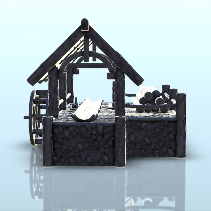 3D Printable Wood cutting water mill (10) - Medieval building middle ...