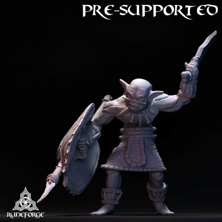 3D Printable Swamp Goblin Sword and Shield - Attacking by Runeforge Studios