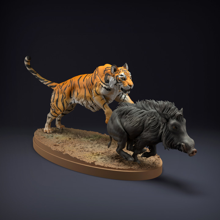 3D Printable Bengal Tiger and Indian Boar Hunt by Animal Den Miniatures