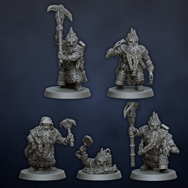 3D Printable Dwarf miners by Dragon's Lake Miniaturas