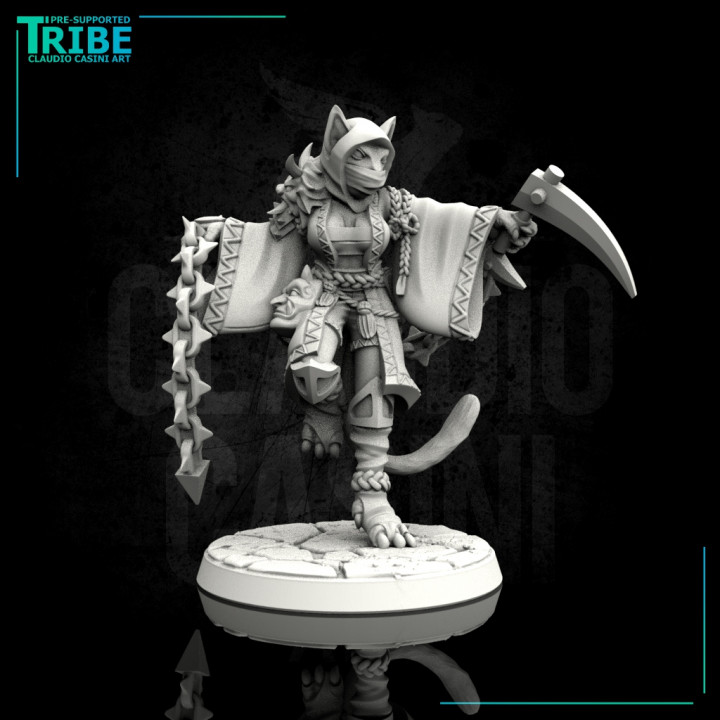 3D Printable (0108) Female felinid ranger thieff ninja with Kusarigama ...