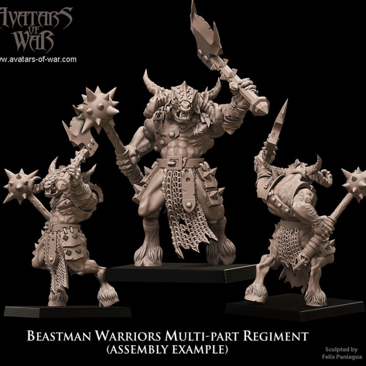 3D Printable Beastman warriors multi-part regiment by Avatars of War