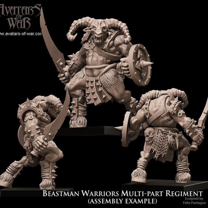 3D Printable Beastman warriors multi-part regiment by Avatars of War