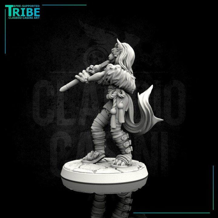 3D Printable (0079) Female felinid bard with magic flute by Claudio ...