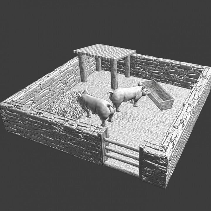 3D Printable Medieval pigsty with two pigs by Northern Crusades Miniatures