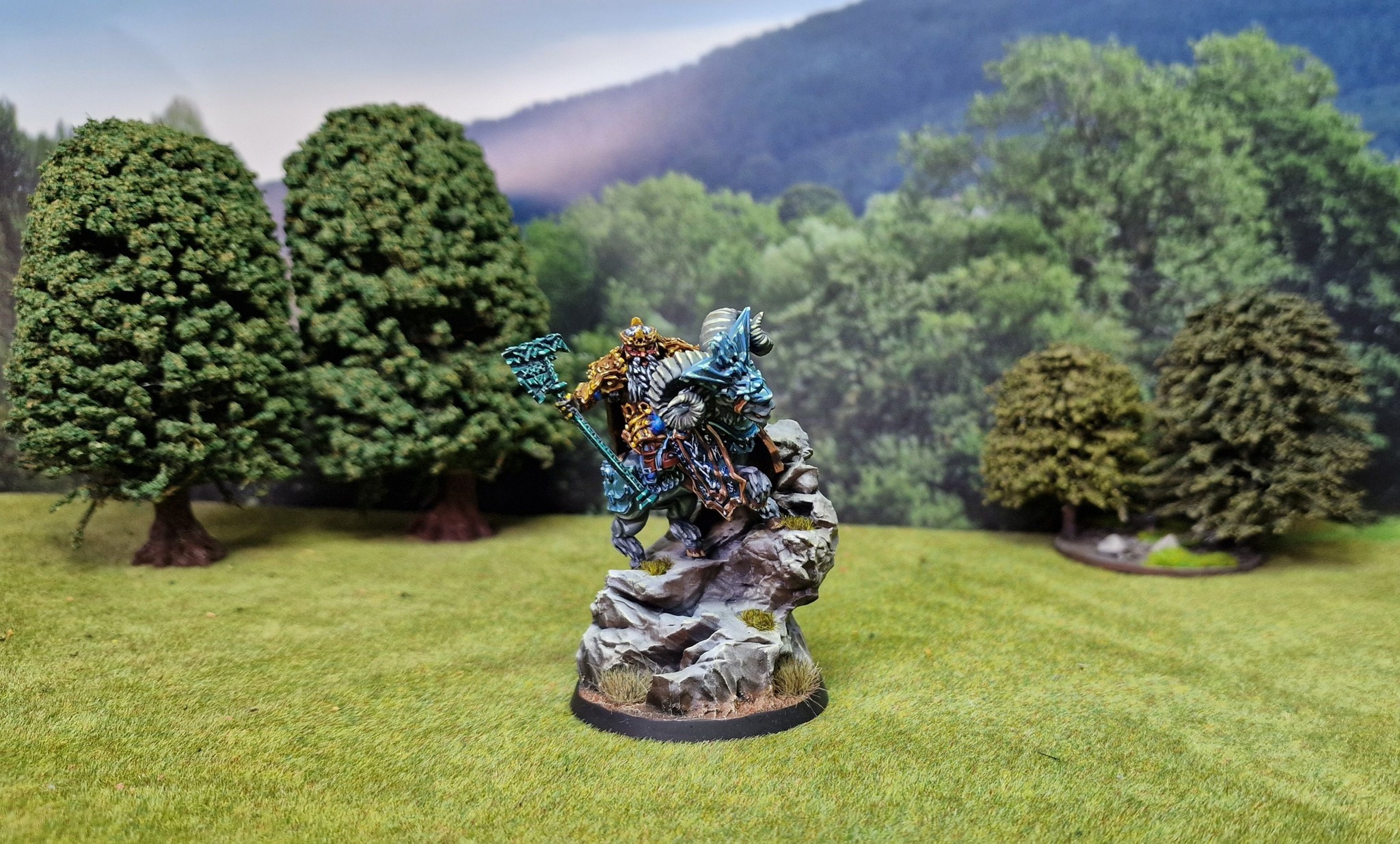 3D Printable Dwarf King on Mountain Ram by Dragon's Lake Miniaturas