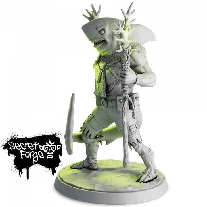 3D Printable Sharkimedes Shark Shaman Druid: Rising Tides by Secret Forge