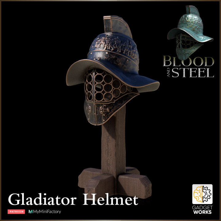 3D Printable Gladiator Helmet on Stand - Blood and Steel by Gadgetworks