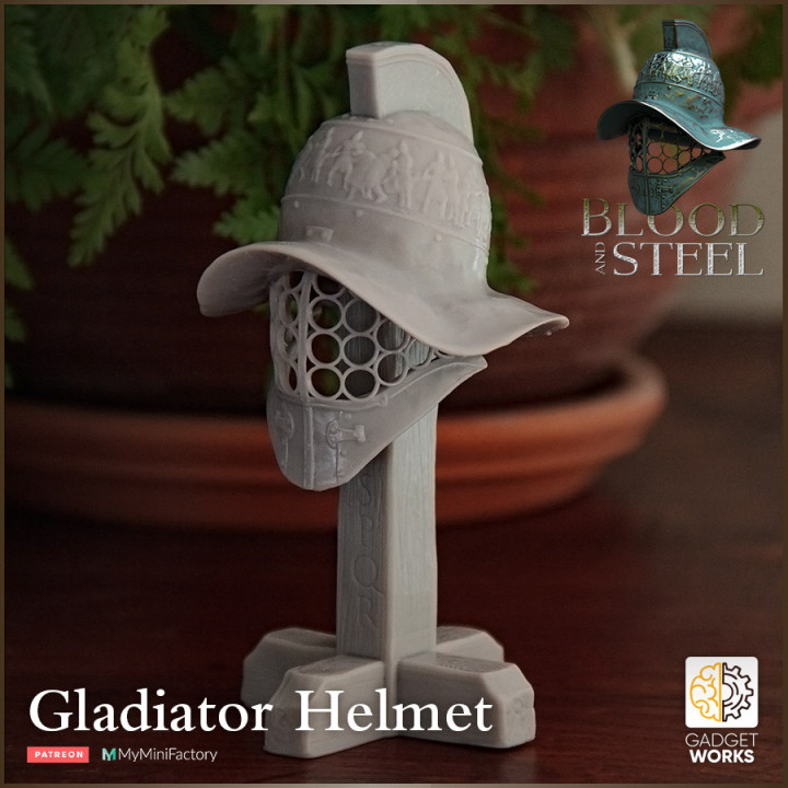 3D Printable Gladiator Helmet on Stand - Blood and Steel by Gadgetworks