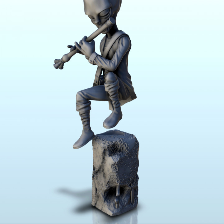 3D Printable Alien flute player on stone (18) (+ pre-supported version ...