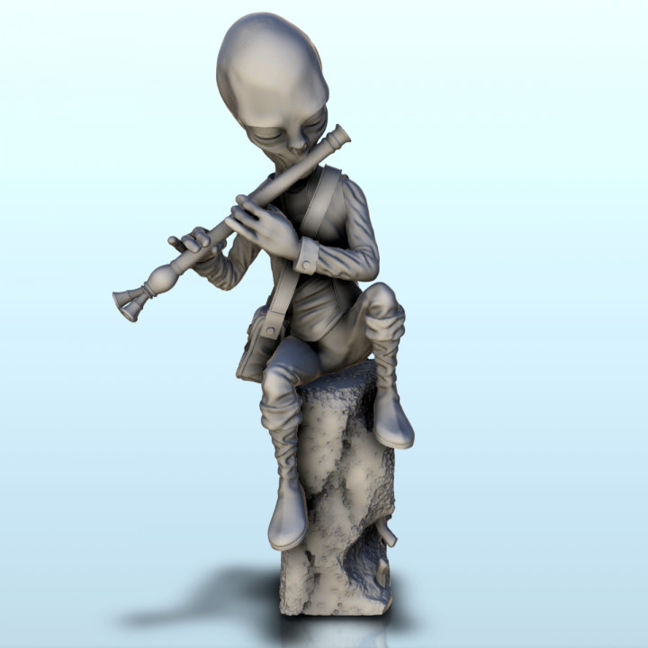 3D Printable Alien flute player on stone (18) (+ pre-supported version ...