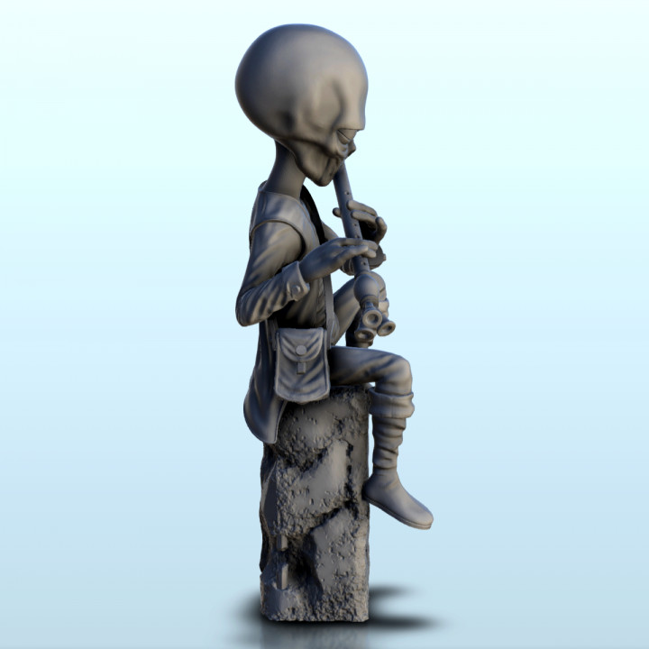 3D Printable Alien flute player on stone (18) (+ pre-supported version ...
