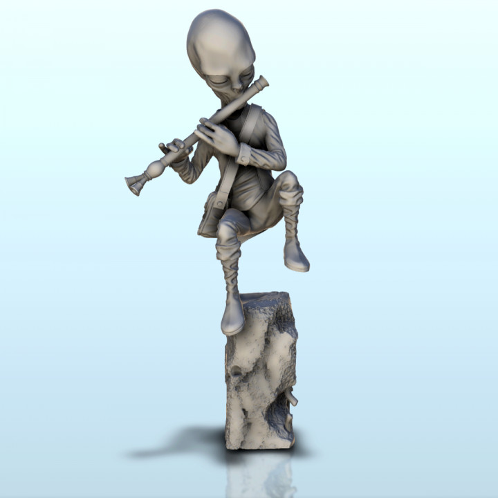 3D Printable Alien flute player on stone (18) (+ pre-supported version ...
