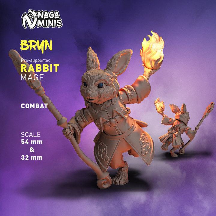 3D Printable (Pre-supported) Rabbit Folk Mage Combat by Naga Minis