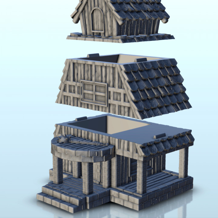 3D Printable Armory store with awning, terrace and double roof (1 ...