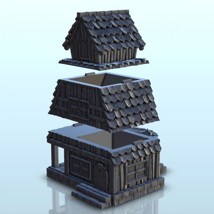 3D Printable Armory store with awning, terrace and double roof (1 ...