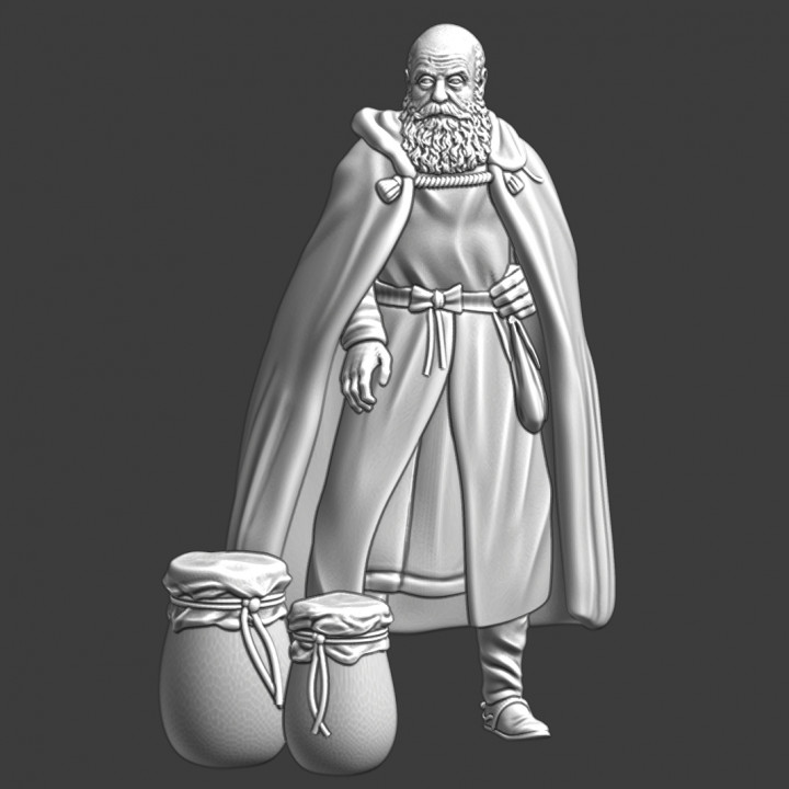 3D Printable Medieval Merchant - with pots by Northern Crusades Miniatures