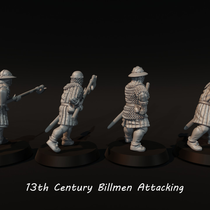 3D Printable 13th Century Billmen attacking by Medbury Miniatures