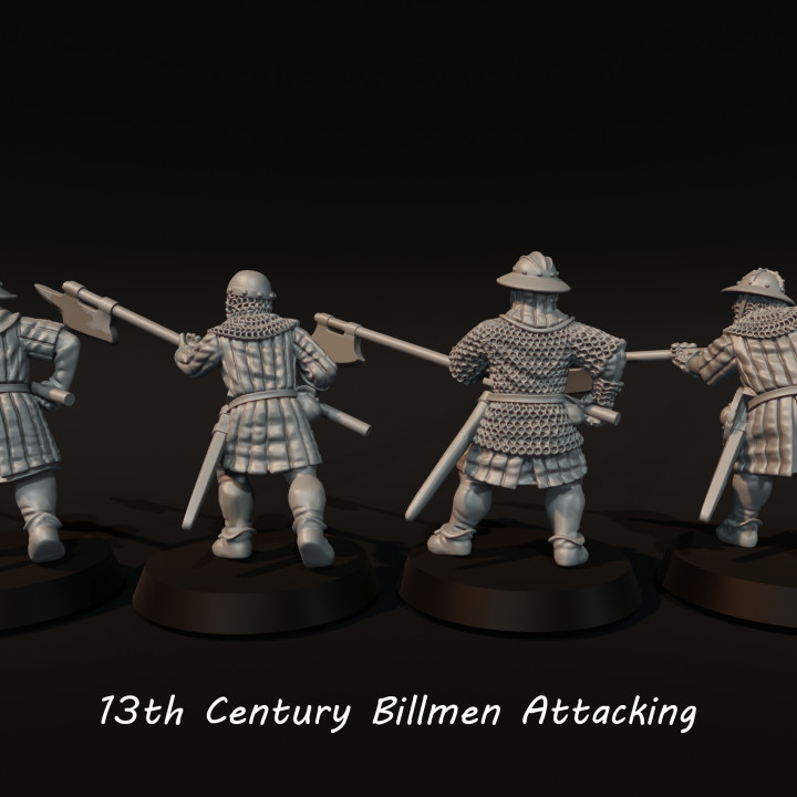 3D Printable 13th Century Billmen attacking by Medbury Miniatures