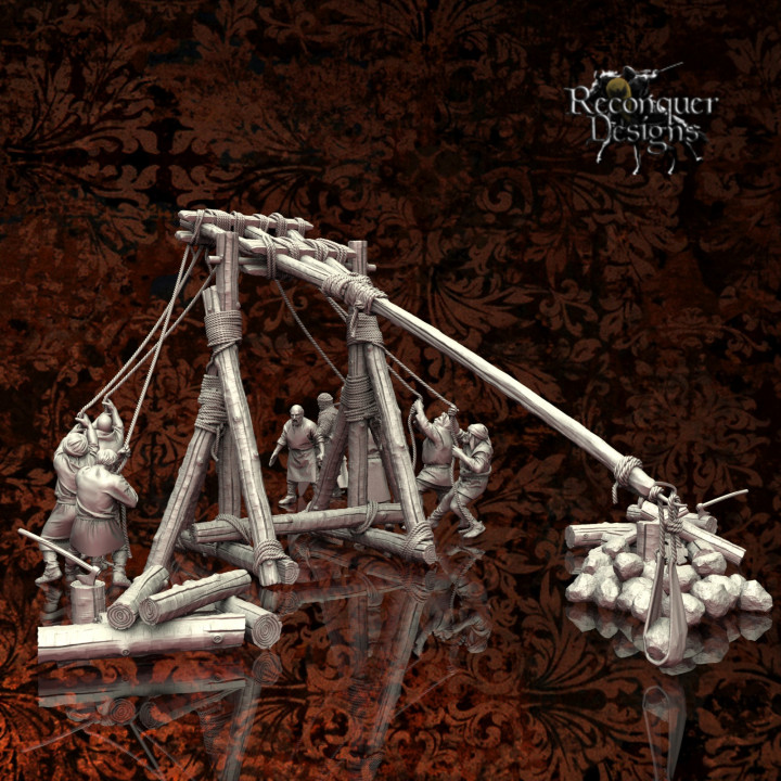 3D Printable Traction Trebuchet with 12th century crew by Reconquer Designs