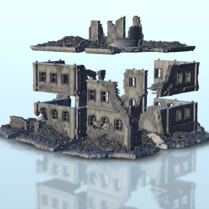 3D Printable Ruined building with central tower 5 - Modern WW2 Western ...