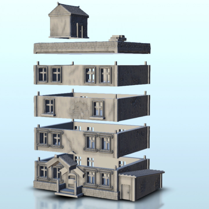 3D Printable Damaged flat-roofed urban building 9 - Modern WW2 Western ...