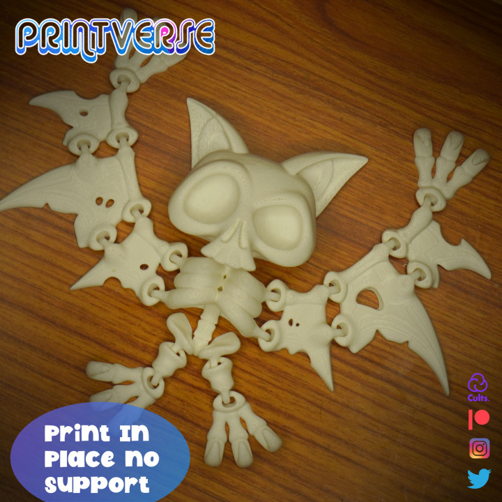 3D Printable Flexy Print In Place Skeletal Bat by Printverse