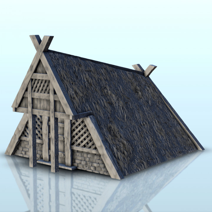 3D Printable Viking building with bevelled roof and wooden column (6 ...