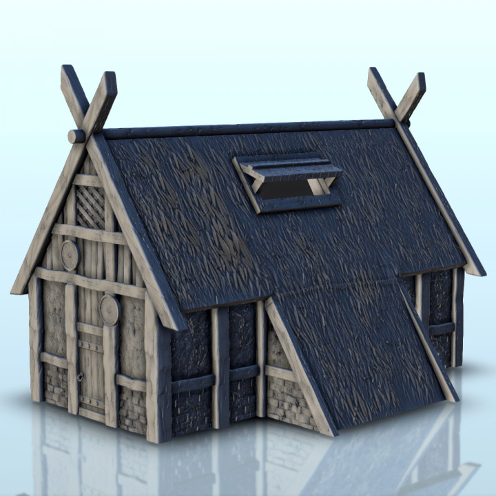 3D Printable Viking building with large thatched roof and roof window ...