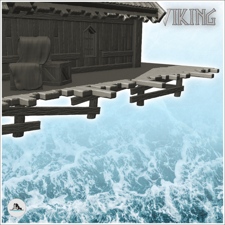 3D Printable Viking city hall on wooden platform with access stairs (6 ...