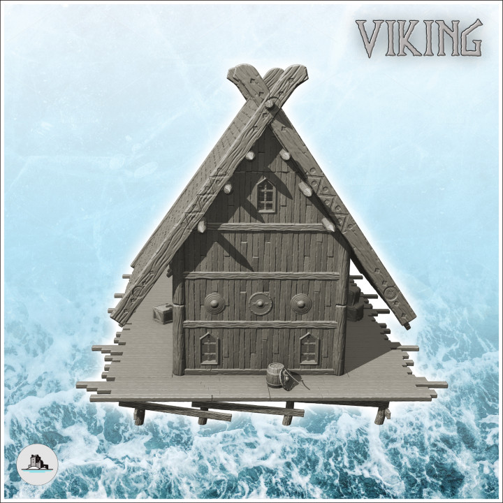 3D Printable Viking city hall on wooden platform with access stairs (6 ...