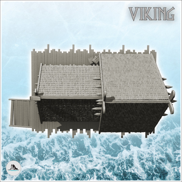 3D Printable Viking city hall on wooden platform with access stairs (6 ...