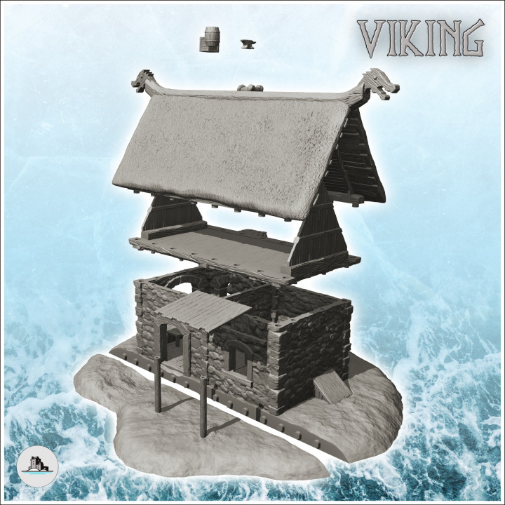 3D Printable Viking storage shed with thatched roof, canopy and ...
