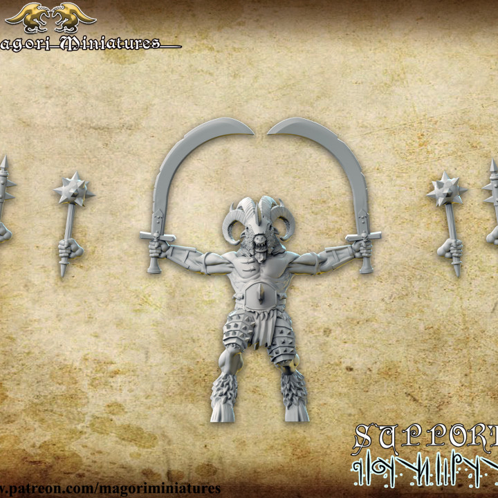 3D Printable Goatman warlord by Magori Minaitures