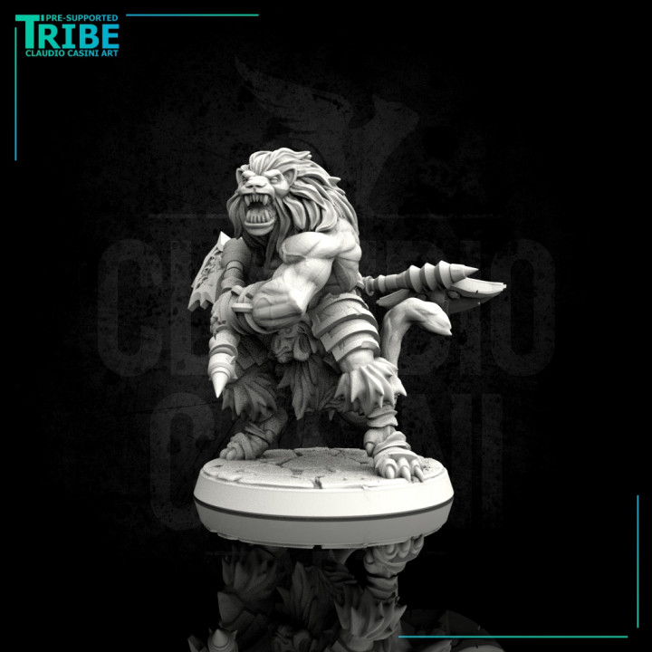 3D Printable (0092) Male felinid lionfolk barbarian with two axes by ...