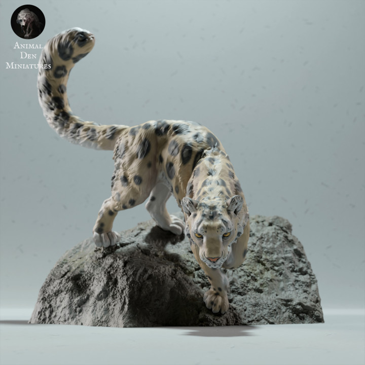 3D Printable Snow Leopard on a Boulder by Animal Den Miniatures