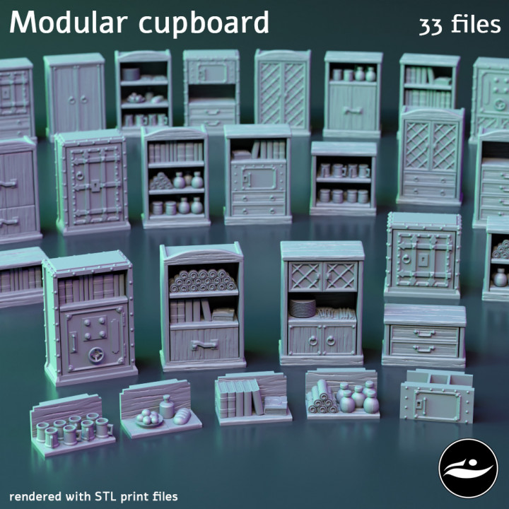 3D Printable Modular cupboard and storage box - 33 parts (design, front ...