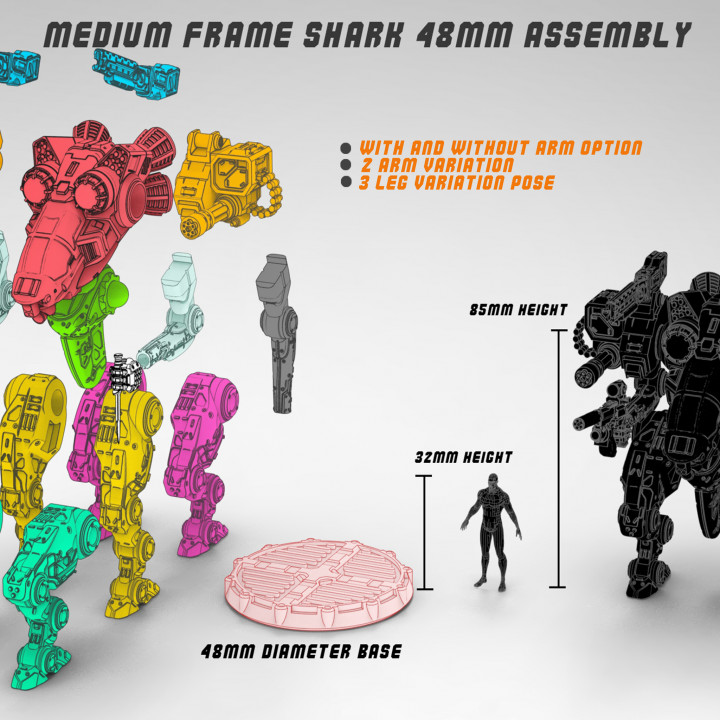 3D Printable Shark Class Combat Mech Over 48mm base by Extra Guy